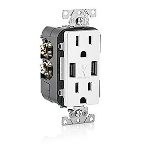 Leviton T5632-BW R02-T5632-0Bw 2-Port Combination Duplex Receptacle with USB Charger, 125 Vac, 15 A, 2 Pole, 3 Wire, White