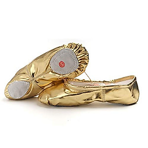 missfiona Womens PU Leather Ballet Slippers Dance Shoes Split Sole Belly Flat Adult Dance Trainers(7, Gold)
