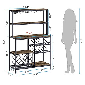 MSTFLOR Wine Rack Table,39.4 Inch Freestanding Floor Liquor Bar Table Cabinet with Glass Holder Bottle Shelf, Modern Wine Bar Cabinet with Storage & Hook for Home Kitchen Dining Room, Rustic Oak