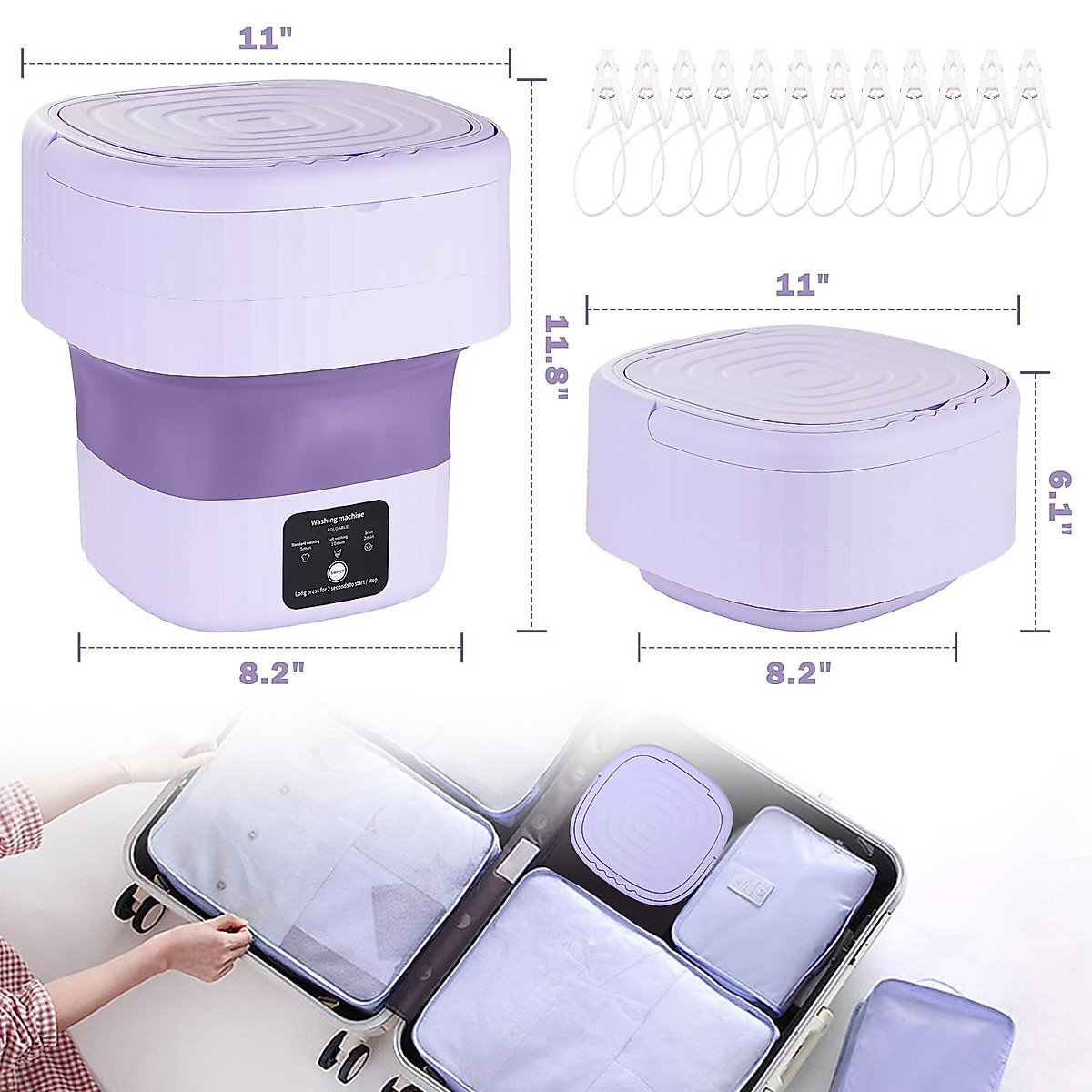 9L Portable Mini Washing Machine Small Portable Washer And Dryer Combo With Clip, Portable Washer Machine Foldable Design For Underwear, Baby Clothes, And Small Items, Ideal For Apartments (Purple)
