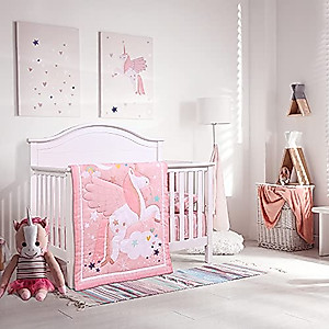 UOMNY Crib Bedding Set for Girls - Pink Baby Nursery Bedding Sets 3 Pieces Crib Quilt Comforter Fitted Crib Sheet Toddler Pillowcase Soft Star Baby Bedding Set