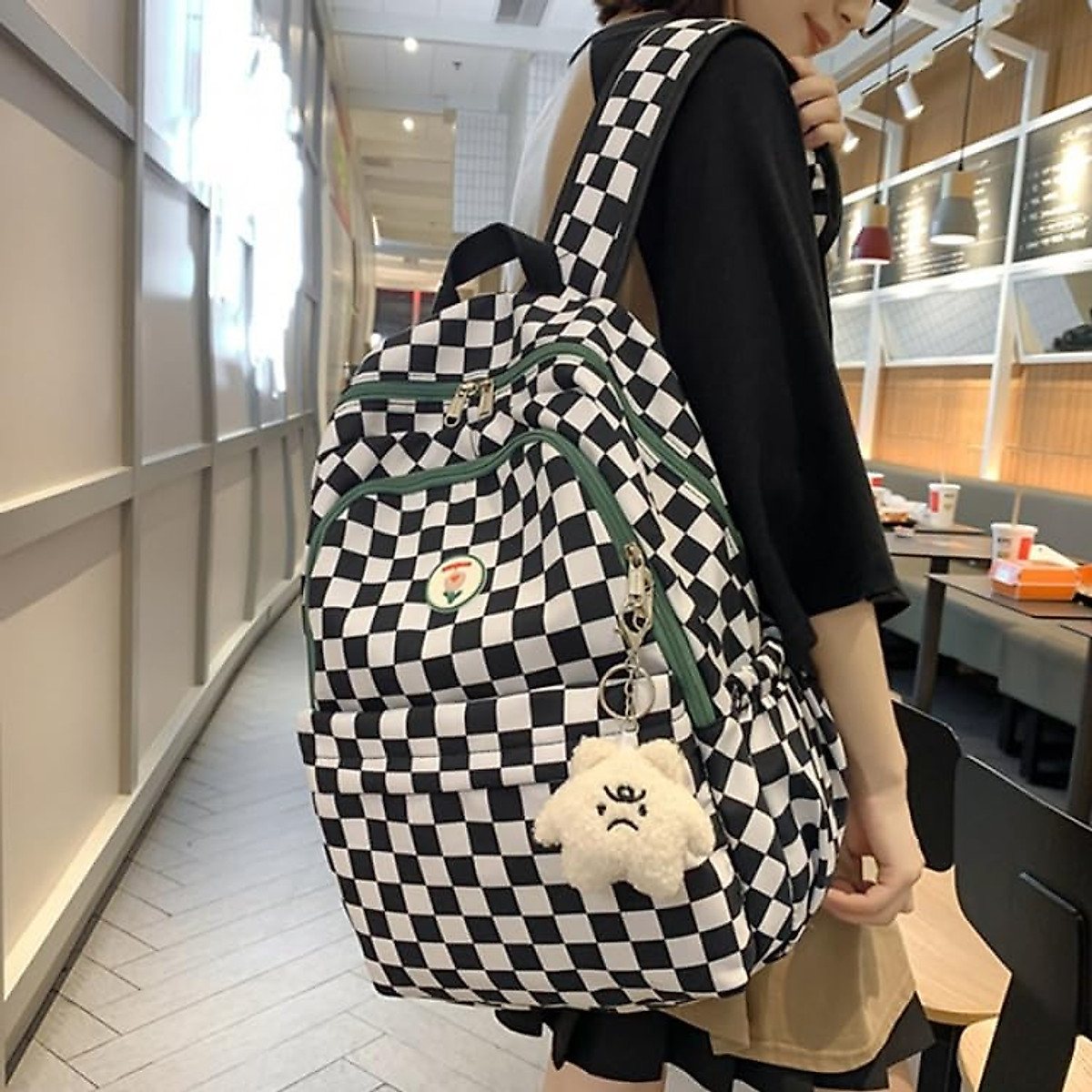 MININAI Cute Checkered Backpack Fit 15.6 Inch Laptop Checkerboard Light Academia Aesthetic Kawaii Preppy Y2k Backpack (Black,One Size)