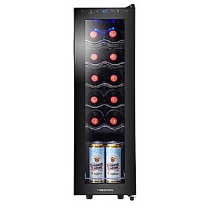 Phiestina Wine Cooler, Freestanding Wine Fridge Holds 12 Bottles, Small Wine Refrigerator for Home Bar with Digital Temperature Control, Glass Front Doors and Interior Lighting