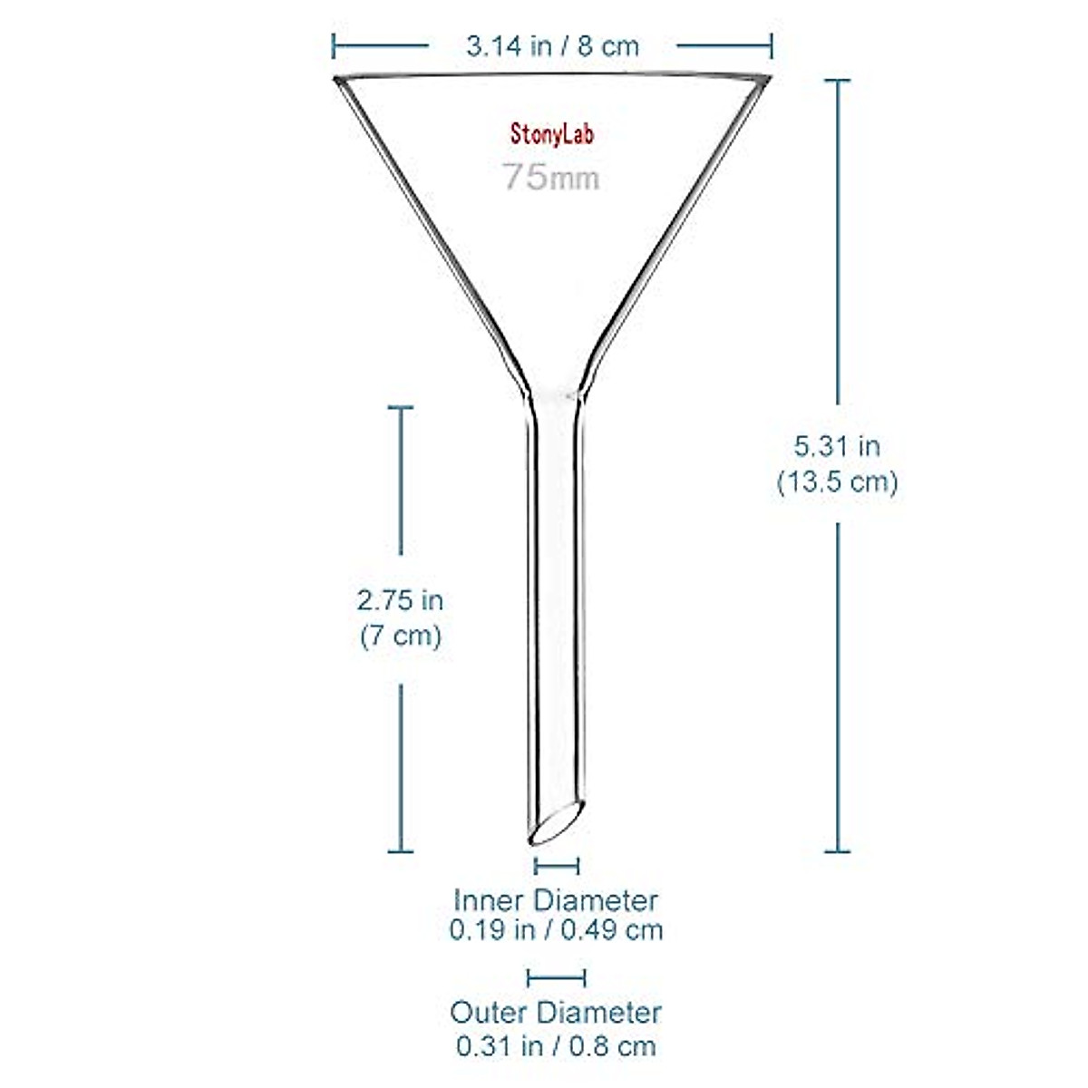 StonyLab 2-Pack Glass Heavy Wall Funnel Borosilicate Glass Funnel, Short Stem 75mm Diameter, 75mm Stem Length