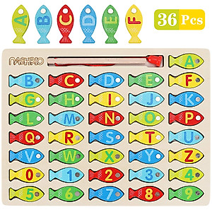 Magnetic Wooden Fishing Game Toy for Toddlers, Alphabet Fish Catching Counting Games Puzzle with Numbers and Letters, Preschool Learning ABC Math Educational Toys 3 4 5 Years Old Girl Boy Kids
