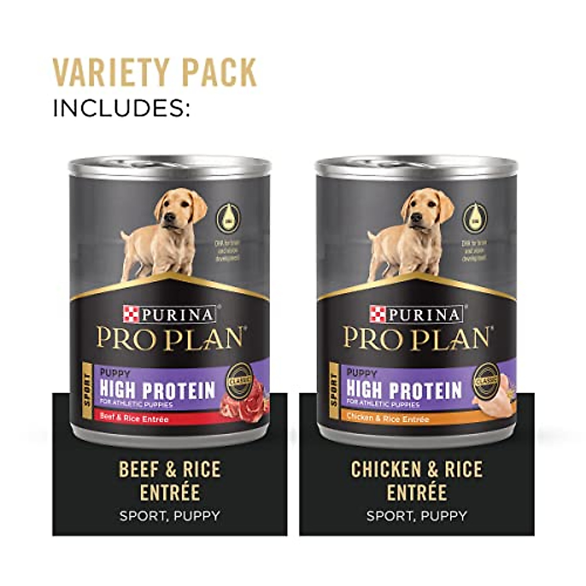Purina Pro Plan Sport Wet Beef & Rice Entrée and Chicken and Rice Entrée Puppy Wet Dog Food Variety Pack - (12) 13 Oz. Cans