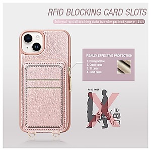 ZVE for iPhone 14 Pro Max Wallet Case Crossbody, Card Holder Zipper Phone Case for Women, Purse Cover with RFID Blocking Wrist Strap for iPhone 14 Pro Max, 6.7 inch, 2022- Rose Gold