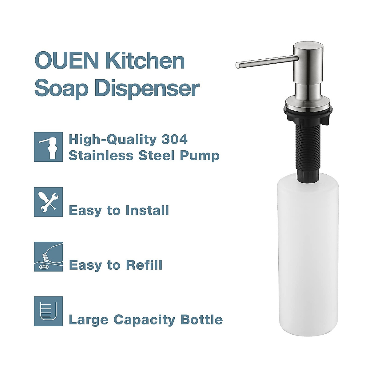 Soap Dispenser for Kitchen Sink, OUEN Brushed Nickel Built in Pump Soap Dispensers, Stainless Steel Sink Soap Dispenser or Lotion Dispenser Pump with Above the Sink Refillable 17OZ Large Liquid Bottle