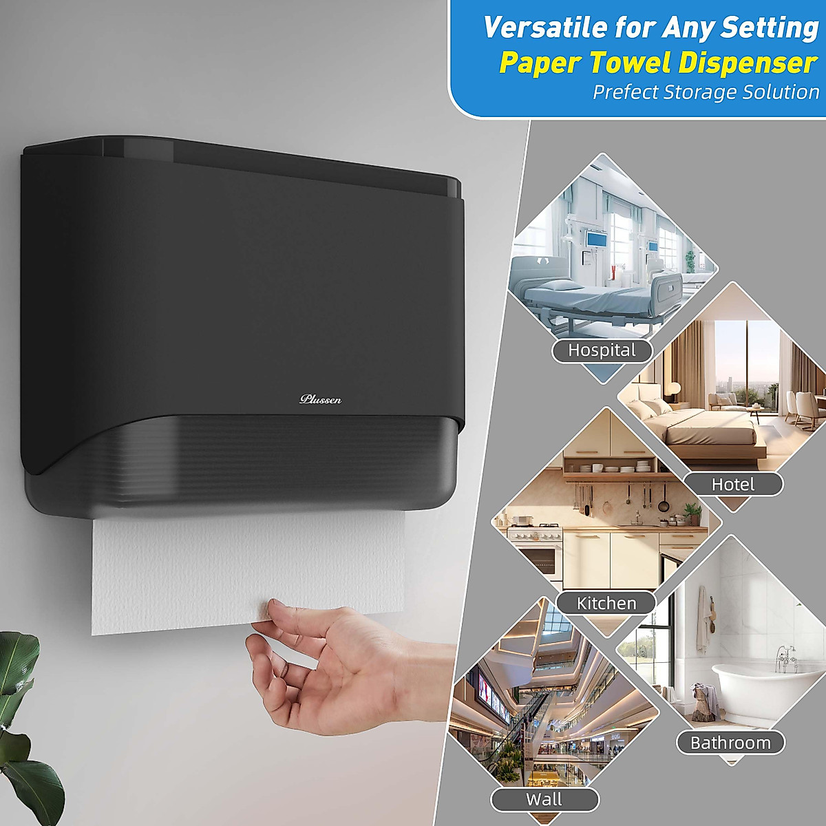 PLUSSEN Commercial Paper Towel Dispenser Wall Mount Classicseries Black Slimfold Hand Towels Holder for Sanitary Pack of 2