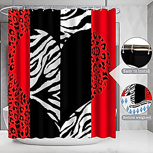 Poedist 4 Pcs Bathroom Shower Curtain Set,Red Leopard Print Shower Curtain Bright Style Shower Curtain Sets with Rugs(Bath Mat,U Shape and Toilet Lid Cover Mat) and 12 Hooks