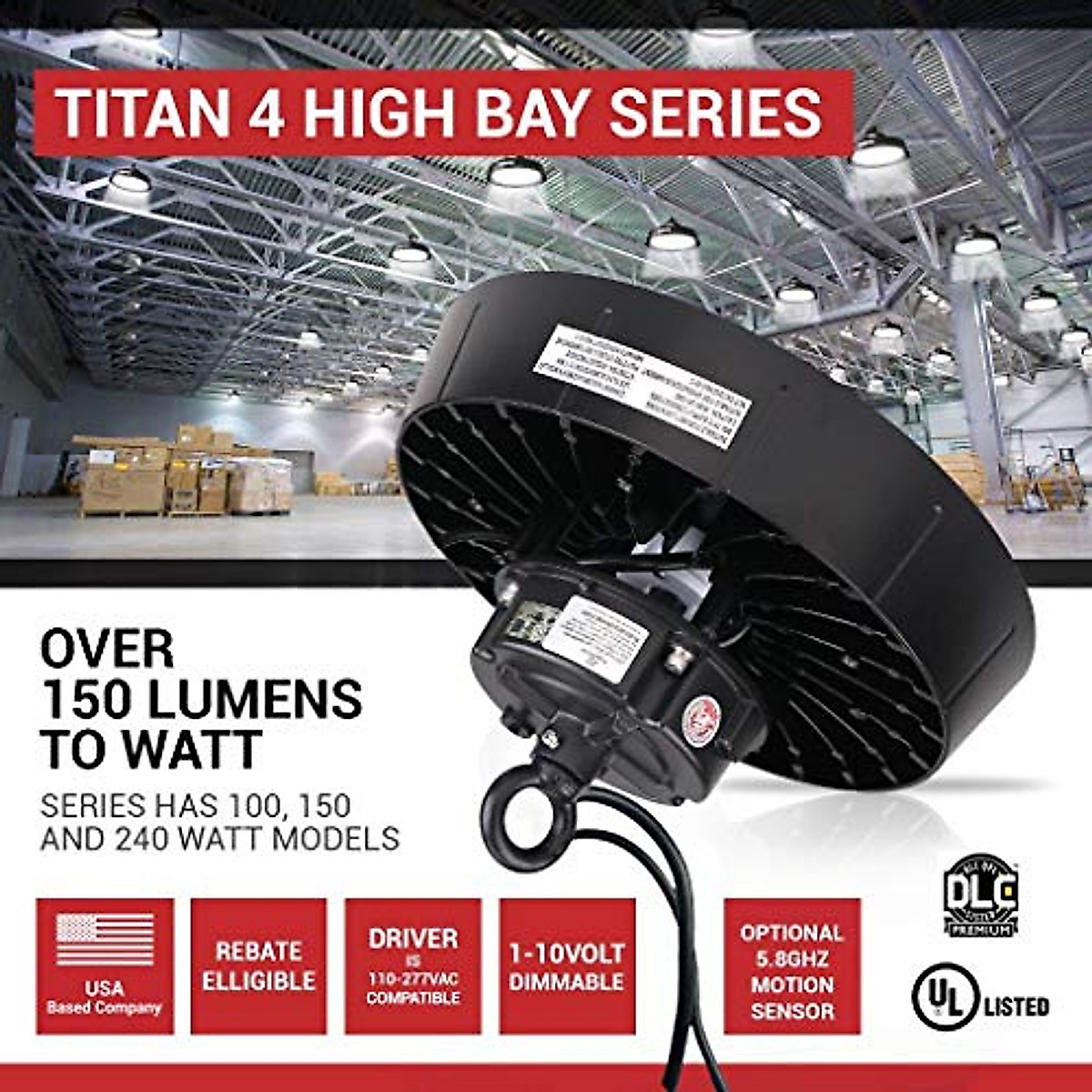 RuggedGrade Titan IV Series Motion Sensor 35,000 Lumen LED High Bay Light - 240 Watt LED High Bay Lighting UFO LED Light - Ultra Efficient 145 Lumens to watt - 5000K - DLC 5.1 Premium - Rugged Grade