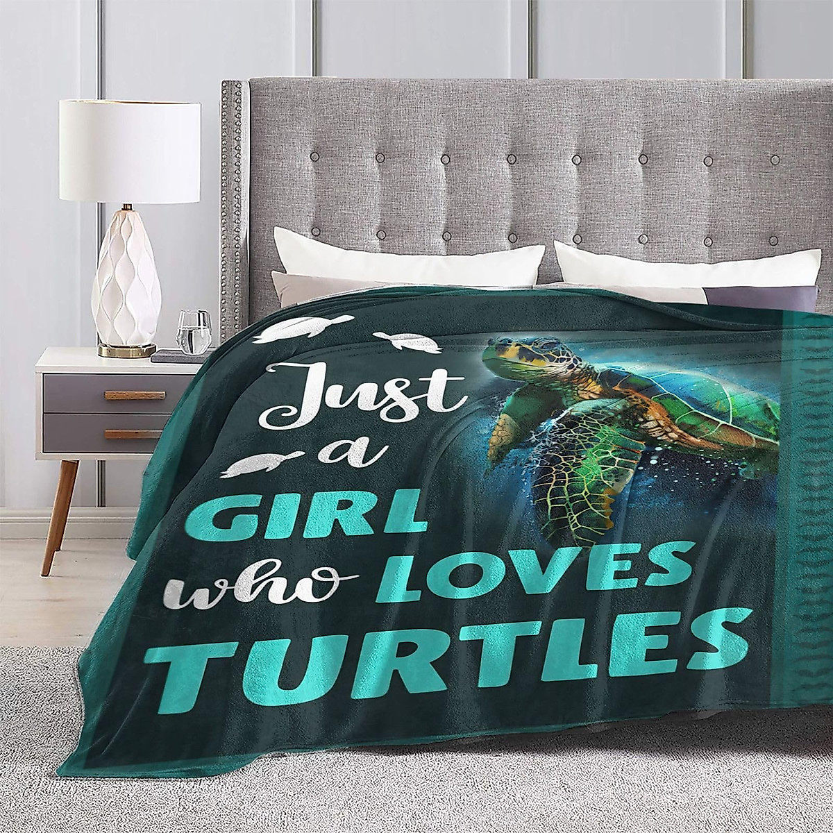 Just A Girl Who Loves Turtles Blanket Teal Sea Turtle Decor Throw Blanket Gifts for Girls Boys Super Warm Soft Plush Lightweight Fleece Flannel Blanket Bedding Blanket for Kids Adults Women 60"X50"