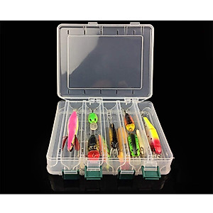 LESOVI Double Sided Fishing Tackle Box 14 Compartments Visible Hard Plastic Clear Fishing Lure Bait Squid Jig Minnows Hooks Accessory Storage Case Container