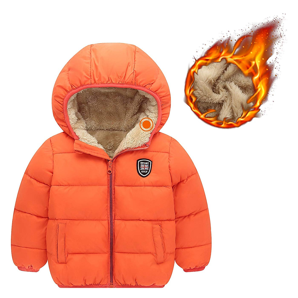 Happy Cherry Kids Winter Windproof Warm Coat Autumn Thick Fur Lined Outwear Hooded Zipper Jacket with Pockets for 2-3 Years, Orange