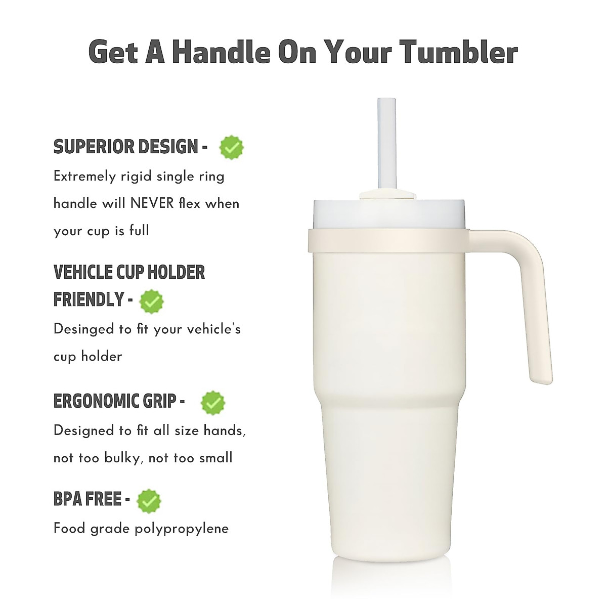 Tumbler Handle for Stanley 14oz Quencher H2.0 Flowstate Tumbler, Pack of 2 Tumbler Handles,Anti Slip, Car Cup Holder Friendly, Improved Grip, Reduced Spills (Cream, 14 oz)
