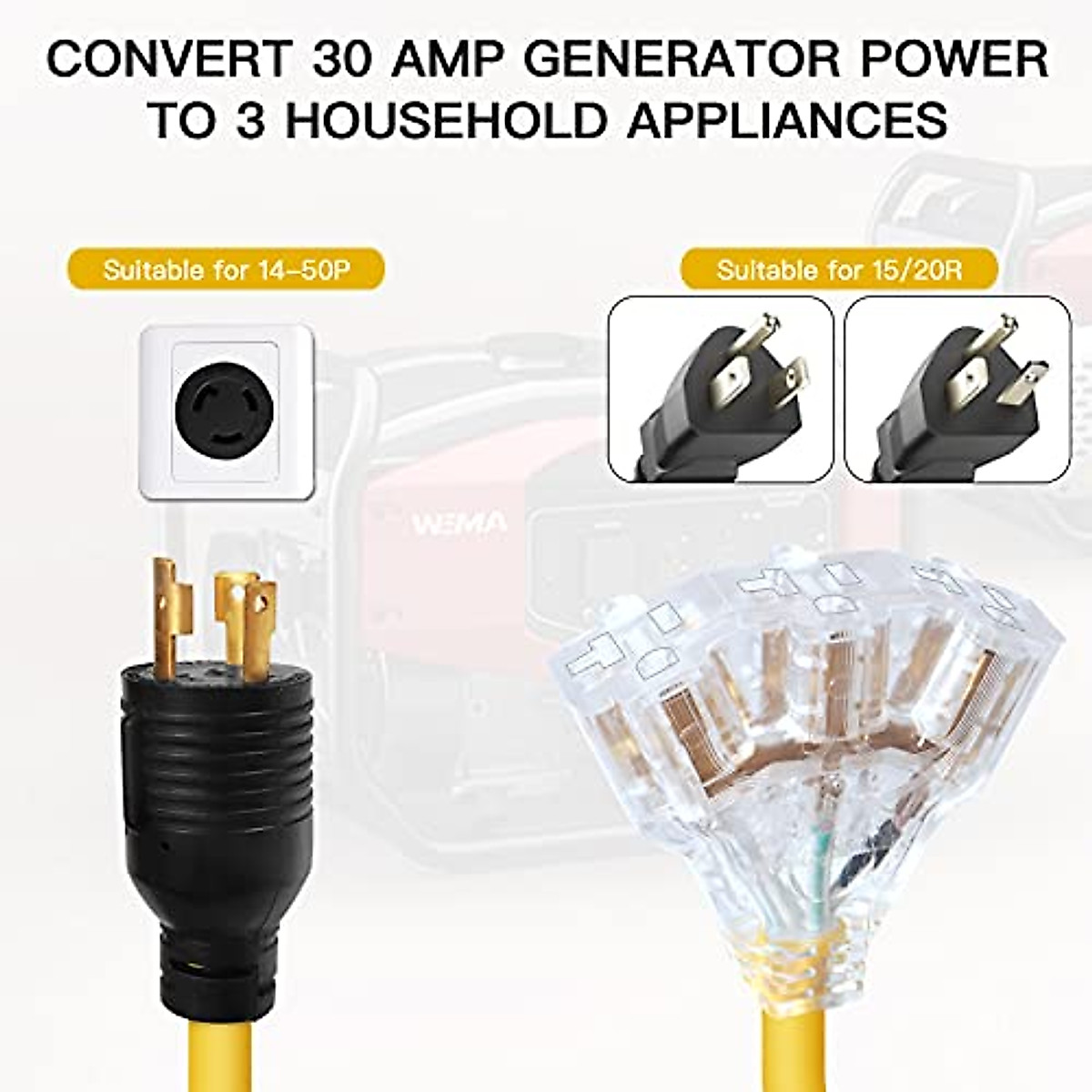 EXCELFU 30 Amp to 110 Adapter Generator Power Cord, 3 Prong 30 Amp to 15 Amp Generator Adapter, Nema L5-30P Male to 3X 5-20R Female with Lighted End, 1.5 FT