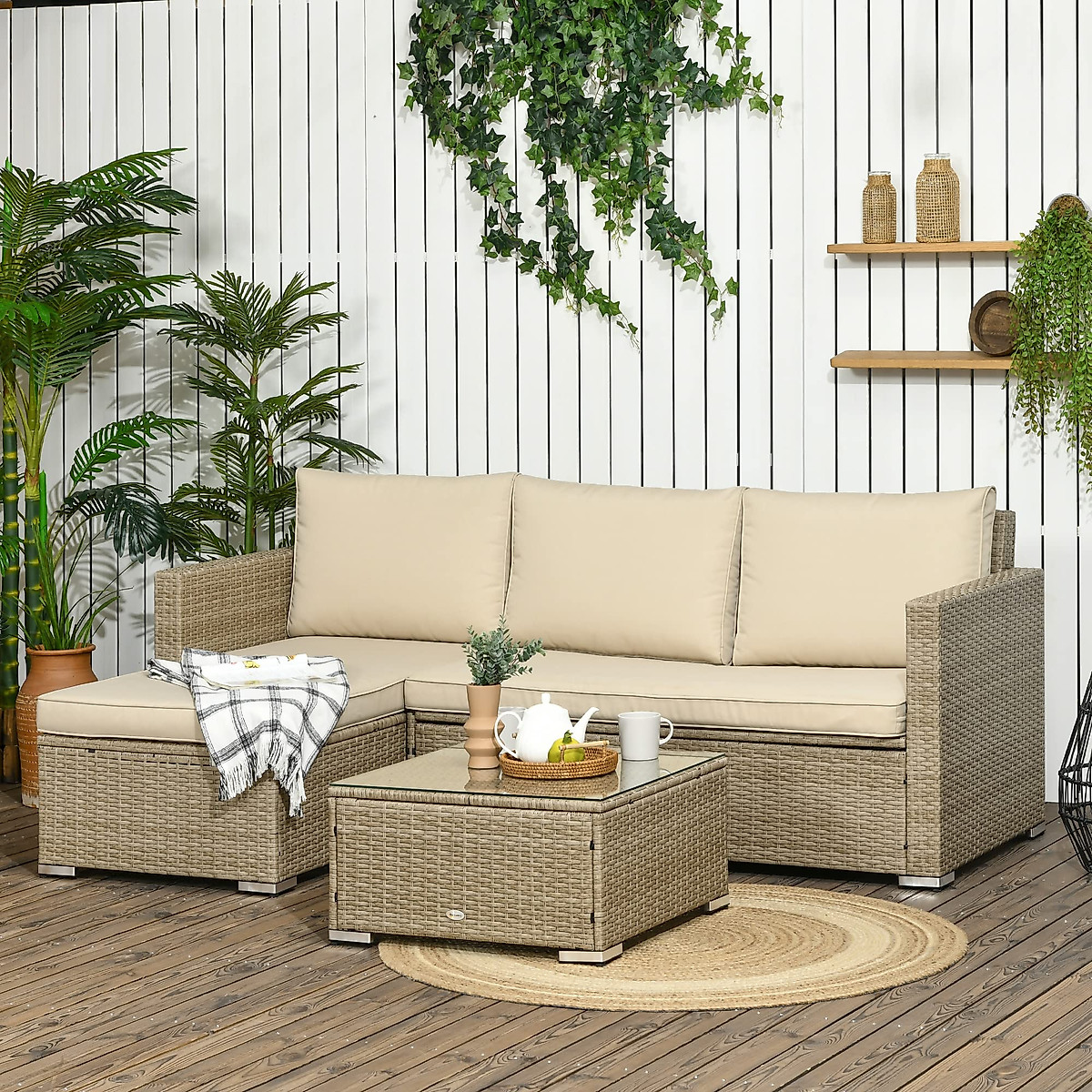 Outsunny 3 Piece Patio Wicker Furniture Set with Storage Loveseat, PE Rattan Conversation Sofa Set, L-Shaped Sectional Couch with Soft Cushions, and Glass Top Coffee Table, Khaki