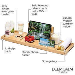 Deep Calm Bathtub Tray Caddy - Bamboo Foldable Bath Tub Table, Expandable Bath Tray Holds All Bathtub Accessories, Perfect Luxury Relaxing Gift for Self Care