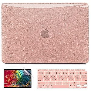 Anban Compatible with MacBook Air 13 inch Case 2021 2020 2019 2018 Release A2337 M1 A2179 A1932 with Touch ID, Glitter Leather Laptop Hard Shell Case with Keyboard Cover, Sparkle Hot Pink
