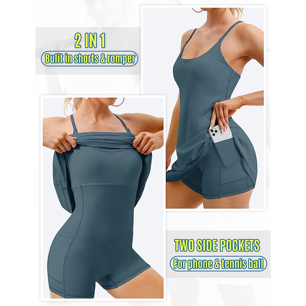 Womens Tennis Dress, Workout Dress with Built-in Bra & Shorts Pockets Summer Dress for Golf Athletic Dresses for Women Indigo