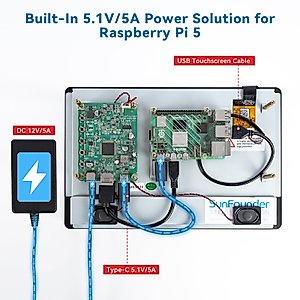 SunFounder Latest 10 Inch DIY Touch Screen for Raspberry Pi 5, IPS HD 1280x800 LCD, HDMI, DC 12V/5A, Output 5V/5A, 10-Point Touch, No Driver, Dual Speakers, 16:10, Compatible with RPi 5/4/3/Zero 2W