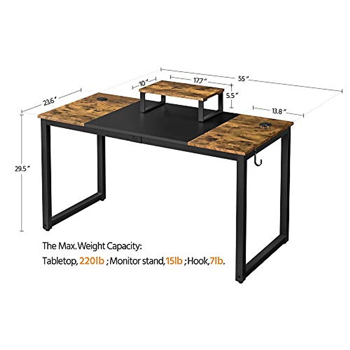 Yaheetech 55" Large Computer Desk with Movable Monitor Stand & Strong Legs, Modern Desk with Splice Board, Simple Writing Desk for Work/Study/Home/Gaming/Office, Rustic Brown & Black