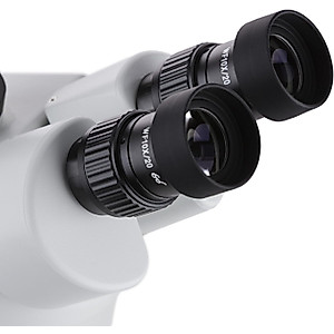 AmScope SM-1TSZ-144S-5M Digital Professional Trinocular Stereo Zoom Microscope, WH10x Eyepieces, 3.5X-90X Magnification, 0.7X-4.5X Zoom Objective, 144-Bulb LED Ring Light, Pillar Stand, 110V-240V, Includes 0.5X and 2.0X Barlow Lenses and 5MP Camera with R