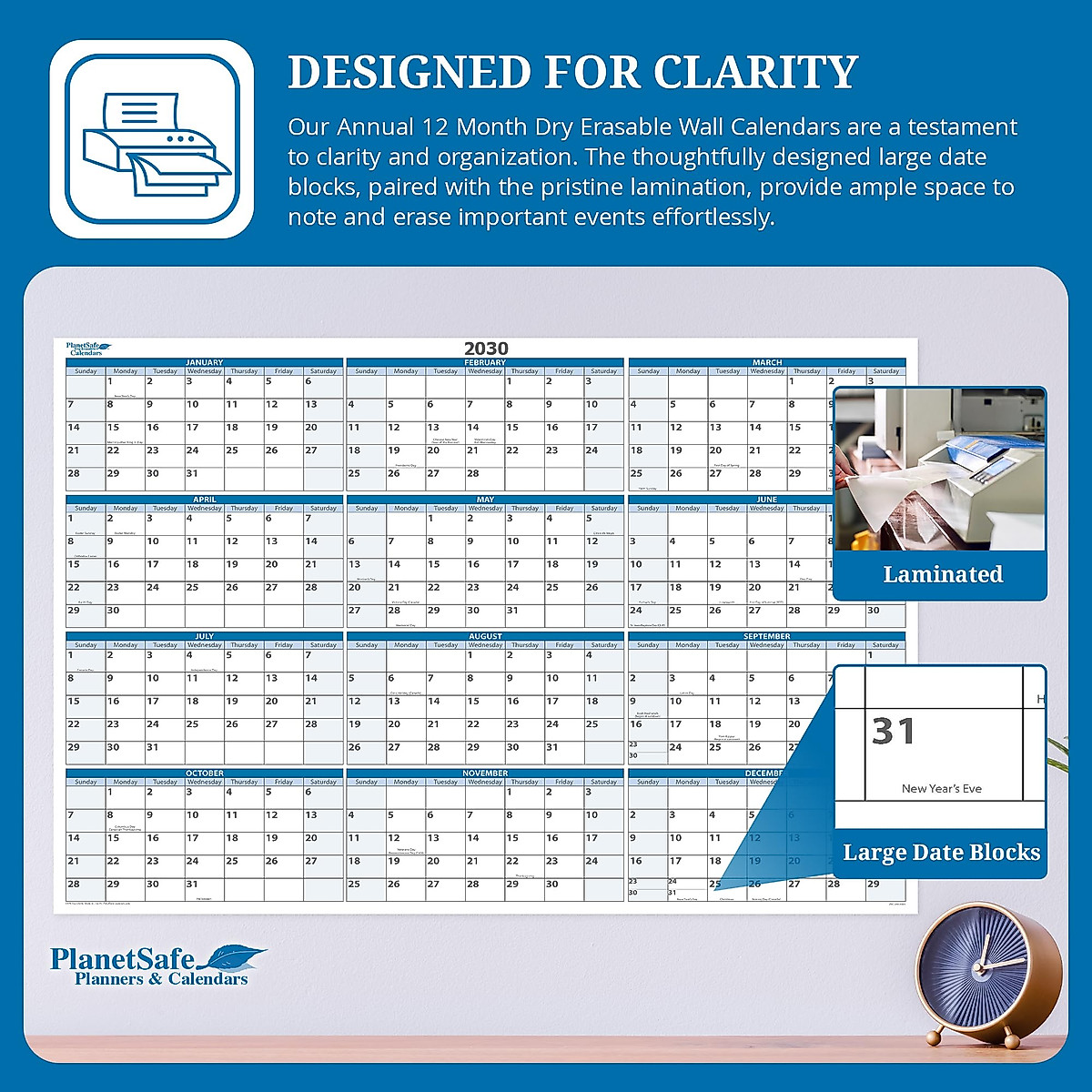 PlanetSafe Calendars 2024 Annual 12-Month Vertical Sky Blue Wet & Dry-Erasable Wall Calendar - Yearly Planner - Large Wall Calendars - Great for Home, Office, and Classroom - 48" tall x 32" wide BN