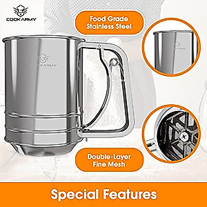 Cook Army Flour Sifter for Baking, 3 Cup Flour Sifter Stainless Steel, Double-layer Baking Sifter, Powdered Sugar Sifter, Great Baking Sifters for all Baking Flour and Powdered sugar, Flour Strainer