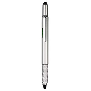 DUNBONG Metal Multi tool Pen 6-in-1 Stylus Pen - With Screwdriver, Ballpoint Pen Black ink, Stylus pen, Level and Ruler, 1-Count (Silver)