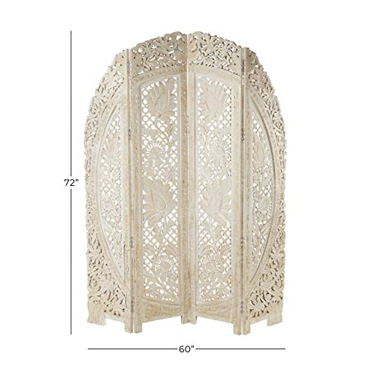 Deco 79 Wood Floral Handmade Hinged Foldable Arched Partition 4 Panel Room Divider Screen with Intricately Carved Designs, 60" L x 2 "W x 72"H, White