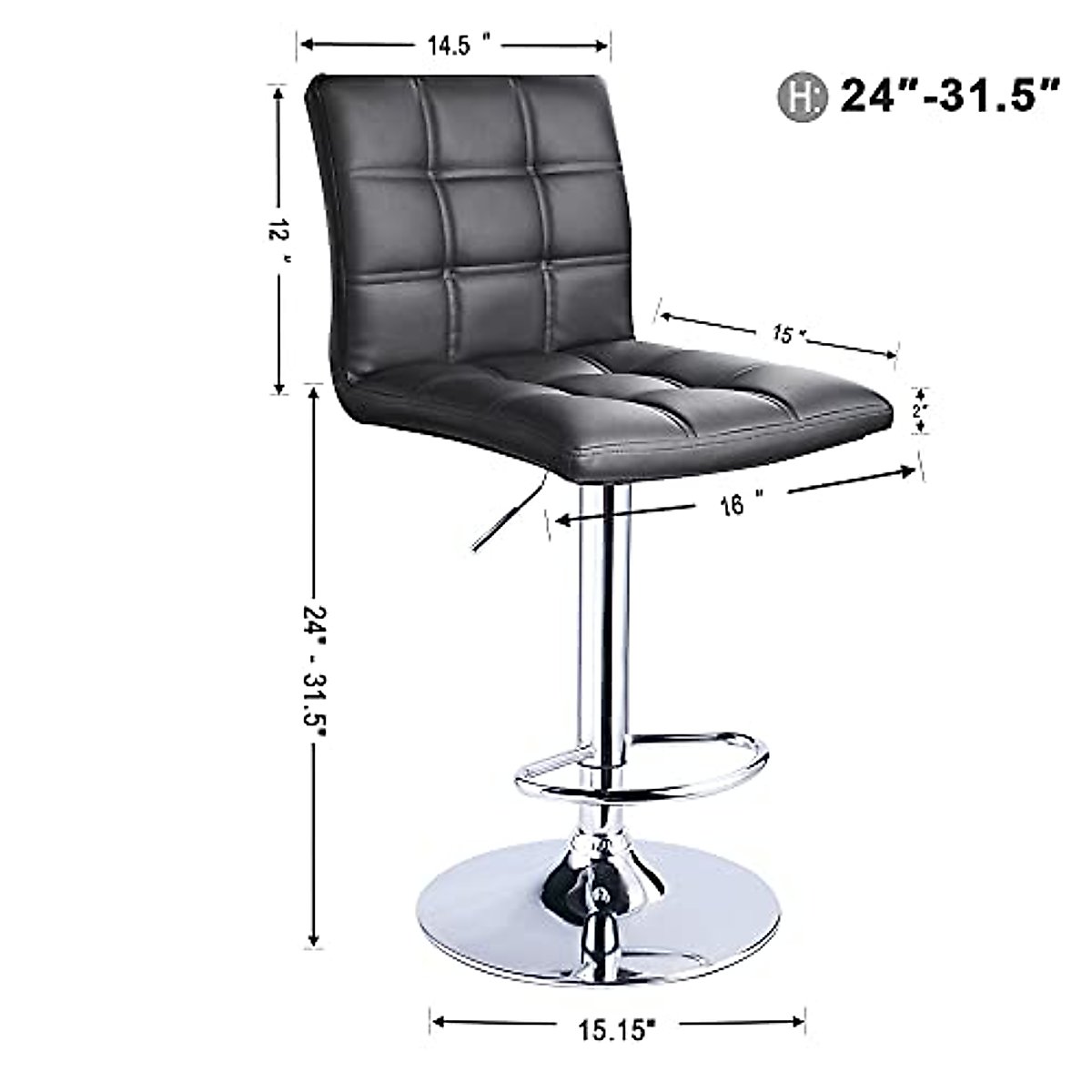 Leopard Modern Square PU Leather Adjustable Bar Stools with Back, Set of 2, Counter Height Swivel Stool, Barstools for Kitchen Counter (Black)