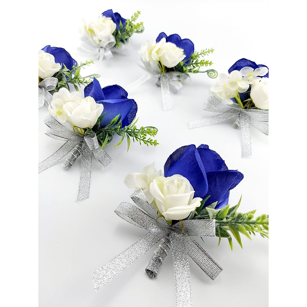 Ciandid Royal Blue Rose Wrist Corsage and Boutonniere set for Wedding, 3PCS Groom Groomsman Boutonnieres & 3PCS Bride Bridesmaid Wrist Corsages Wristlet Bracelet Flower for Wedding Ceremony Prom Party