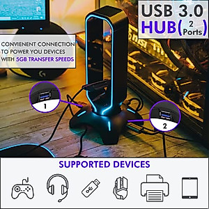 Tilted Nation RGB Headset Stand and Gaming Headphone Stand for Desk Display with Mouse Bungee Cord Holder - Gaming Headset Holder with USB 3.0 Hub for Xbox, PS4, PC - Perfect Gaming Accessories Gift