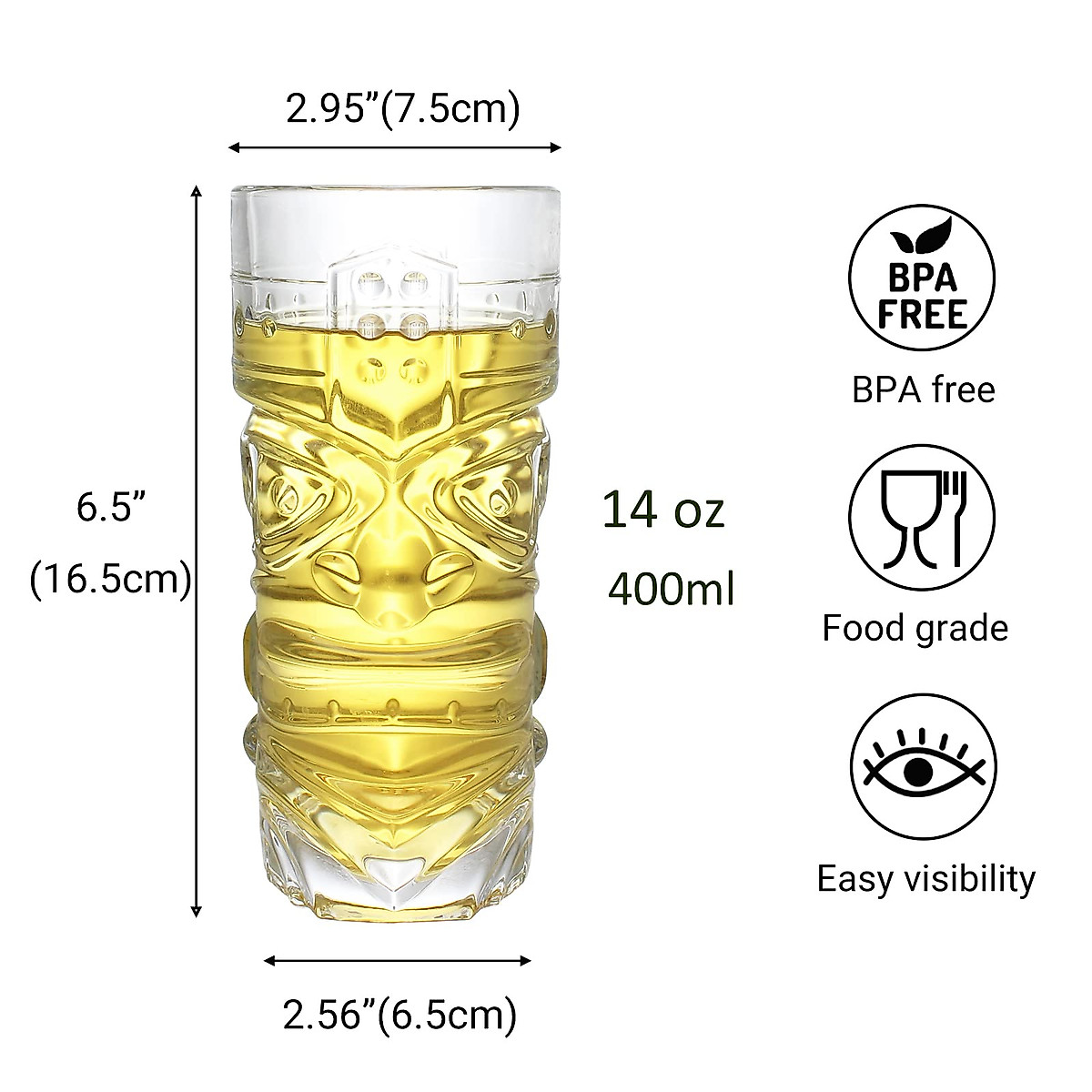 BPFY 2 Pack 14oz Hawaiian Tiki Glasses for Cocktails, Lemonade, Ice Tea, Mixed Drinks, Modern Bar Tiki Cups Tiki Mugs, Cocktails Glasses Gift Sets