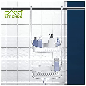EMT ETRENDS Plastic Shower Caddy over Shower Head/Door,Hanging Shower Caddy, 2 in 1 Adjustable Shower Organizer,Rust Resistant No Drilling Anti-Swing Shelf for Bathware (4 suction cup, White)