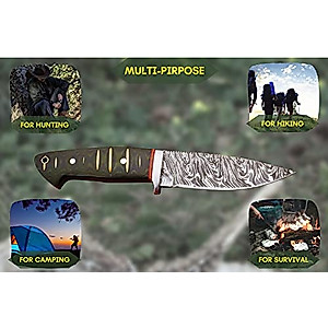 Handmade Damascus Hunting Knife with Sheath for Belt – 10 inches Fixed Blade full tang 1095 steel knife with Green Micarta Handle