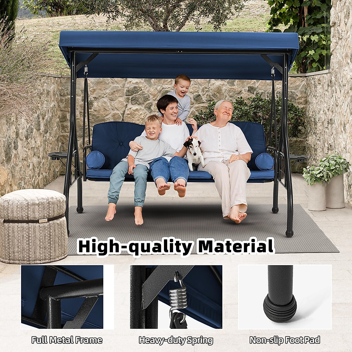 HOMREST 3 Seat Outdoor Porch Swing with Adjustable Canopy, Convertible Patio Swing Bed with Stand, Patio Glider Swing with Upgraded Cup Holder, Thicken Cushions ＆ Pillow for Backyard (Blue)