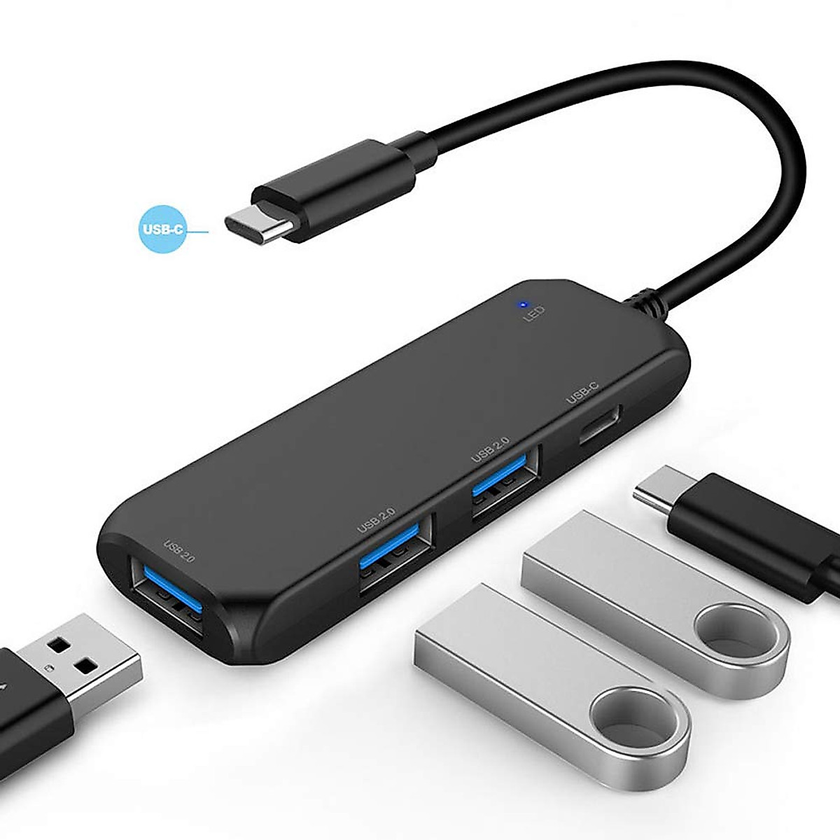 USB C Hub 4-Port Splitter Expansion Cable Adapter Compatible with USB 2.0/1.2/1.0 Supports commonly Used USB Devices Such as Mouse and Keyboard, USB Fan