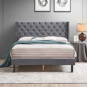 Livavege Upholstered Bed Frame Queen Size with Wingback Headboard, Square Stitched Button Tufted, Platform Bed Queen with Solid Wood Slats Support, Modern Bedframe No Box Spring Needed