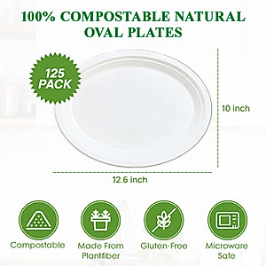 Vplus 100% Compostable Oval Paper Plates 12 inch 125 Pack Super Strong Disposable Paper Plates Bagasse Natural Biodegradable Eco-Friendly Sugarcane Plates for BBQ, Party, Dinner, and Picnic