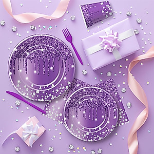 YJRJSC Purple Plates And Napkins Party Supplies - Purple Party Decorations Tableware, Paper Plate, Napkin, Cup, Disposable Cutlery, Glitter Purple Bridal Shower Birthday Table Decorations | Serve 24