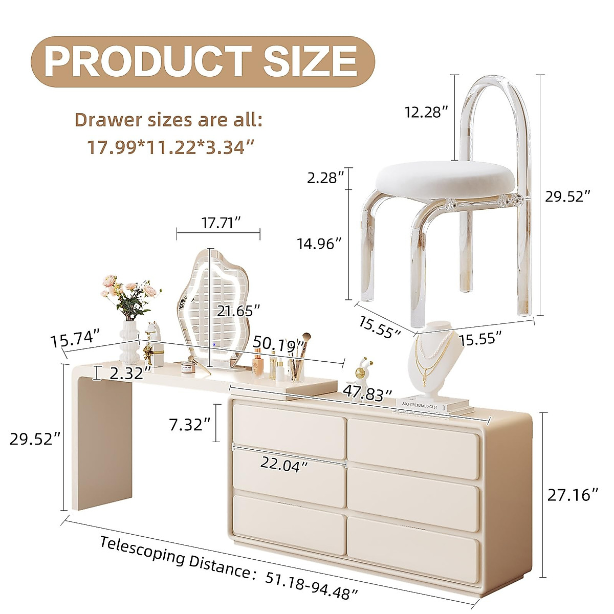 Guyii Makeup Vanity Set, Extendable Vanity Table with 6 Drawers, Modern Dressing Table with LED Makeup Mirror and Chair, Girl's Dresser, Bedroom Dresser
