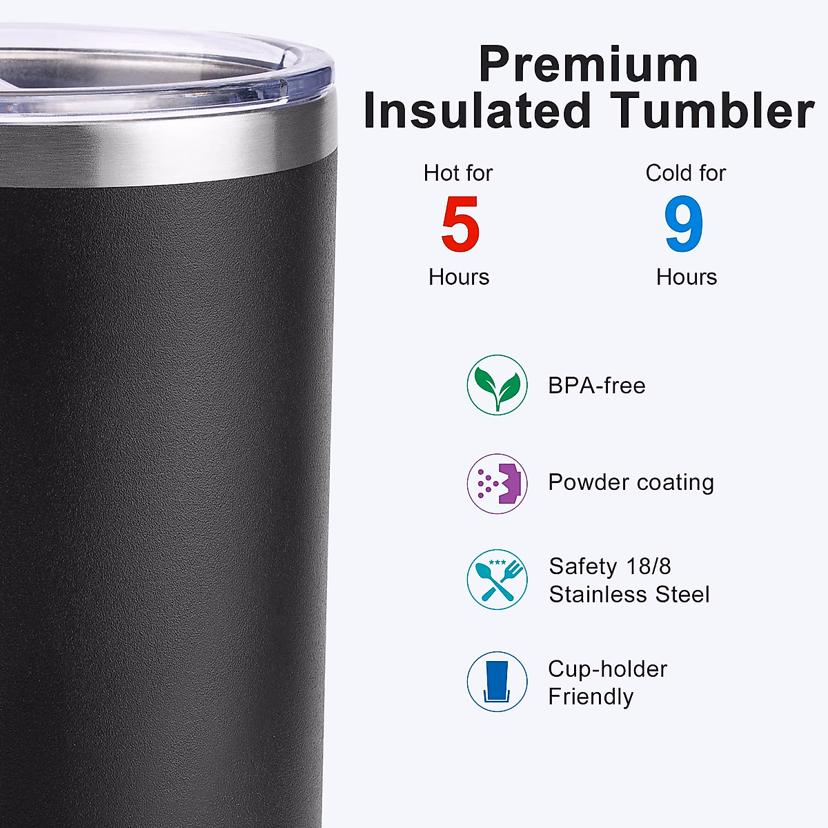 koodee Tumbler with Lid and Straw-12 oz Insulated Coffee Tumbler Cup Stainless Steel Double Wall Skinny Tumbler with Lid and Straw (Black)