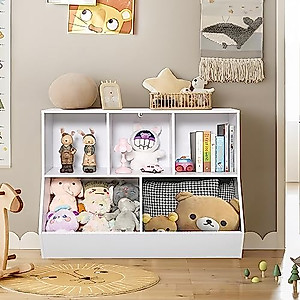 Iwell Toy Storage Cabinet with 3 Drawers, Kids Bookshelf, Kids Toy Organizer, 8 Cubicles, Bookcase Footboard, Bookshelf for Kids, for Playroom, Bedroom, Nursery, School, White