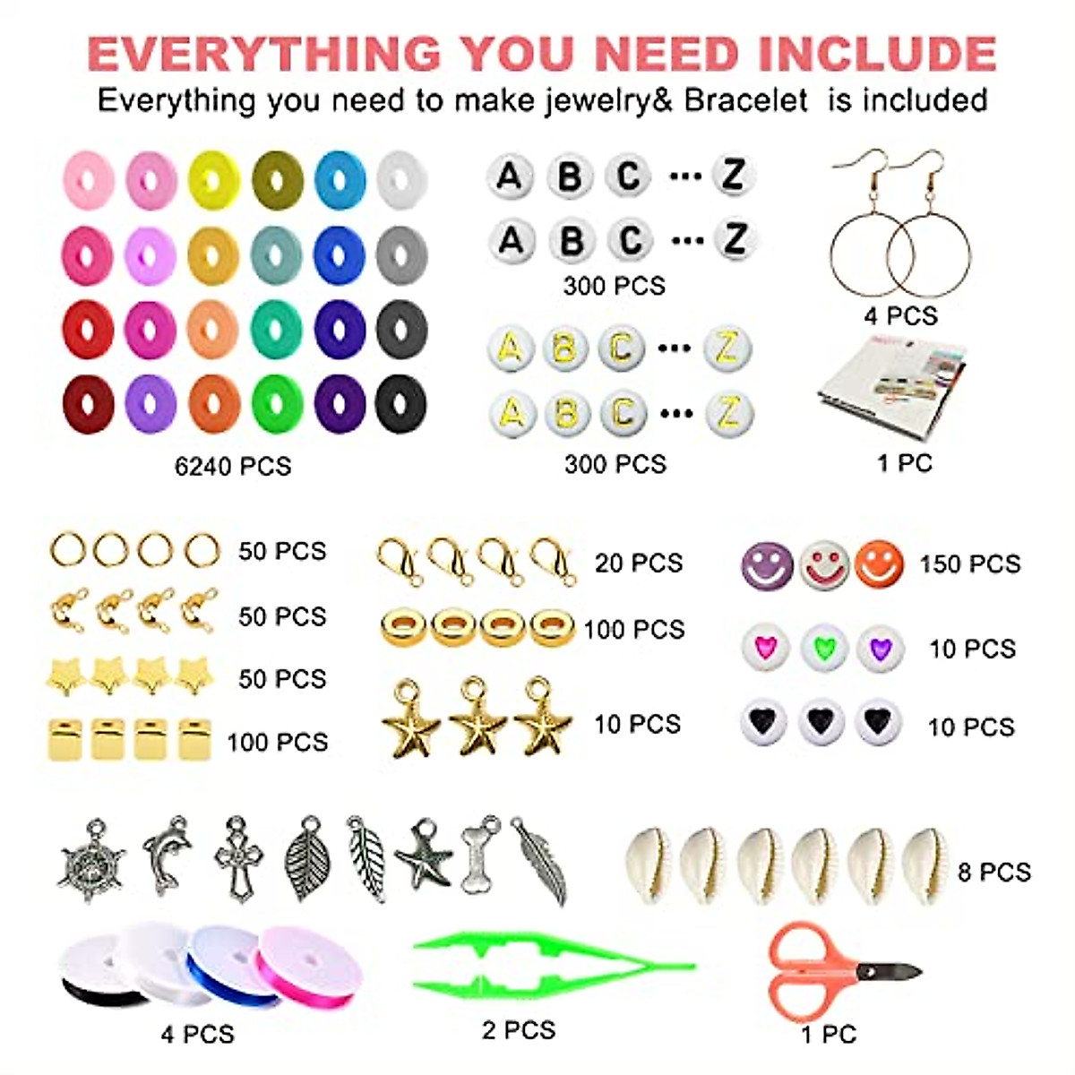 Redtwo 7200 Pcs Clay Beads Bracelet Making Kit, Preppy Friendship Flat Polymer Heishi Beads Jewelry Making Kits with Charms and Elastic Strings,Crafts Gifts Set for Girls Ages 8-12(2 Boxes)