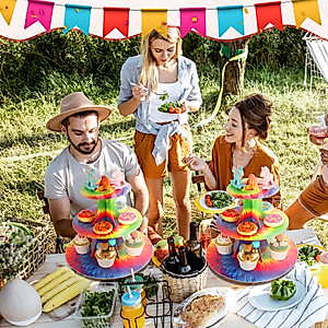2 Pieces 3 Tier Tie Dye Round Cardboard Cupcake Stand for 24 Cupcakes Rainbow Cake Stand Dessert Tower Pastry Serving Platter Food Display for Birthday Party Table Supplies