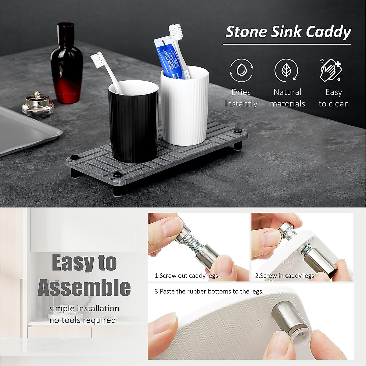 Fast Drying Stone Sink Caddy, Instant Dry Organizer Rack, Diatomaceous Earth Soap Stand Tray for Kitchen Sink, Water Absorbing Stone, Sponge Holder Dispenser for Bathroom Counter, Dark Gray