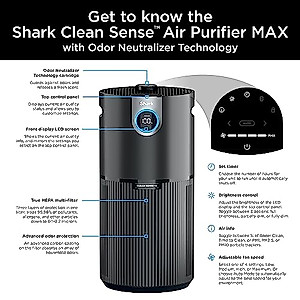 Shark HP232 Clean Sense Air Purifier MAX with Odor Neutralizer Technology, Allergies, HEPA Filter, 1200 Sq Ft, XL Room, Whole Home, Captures 99.98% of Particles, Allergens, Smells & More, Grey