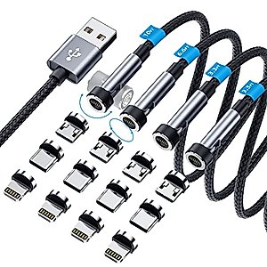 540° Rotation Magnetic Charging Cable, 3 in 1 Magnetic Phone Charger [4-Pack, 3ft/3ft/6ft/10ft] 3A Fast Charging Cable Support Data Transfer USB Magnet Charger Cable for iPhone/Micro USB/Type C Device